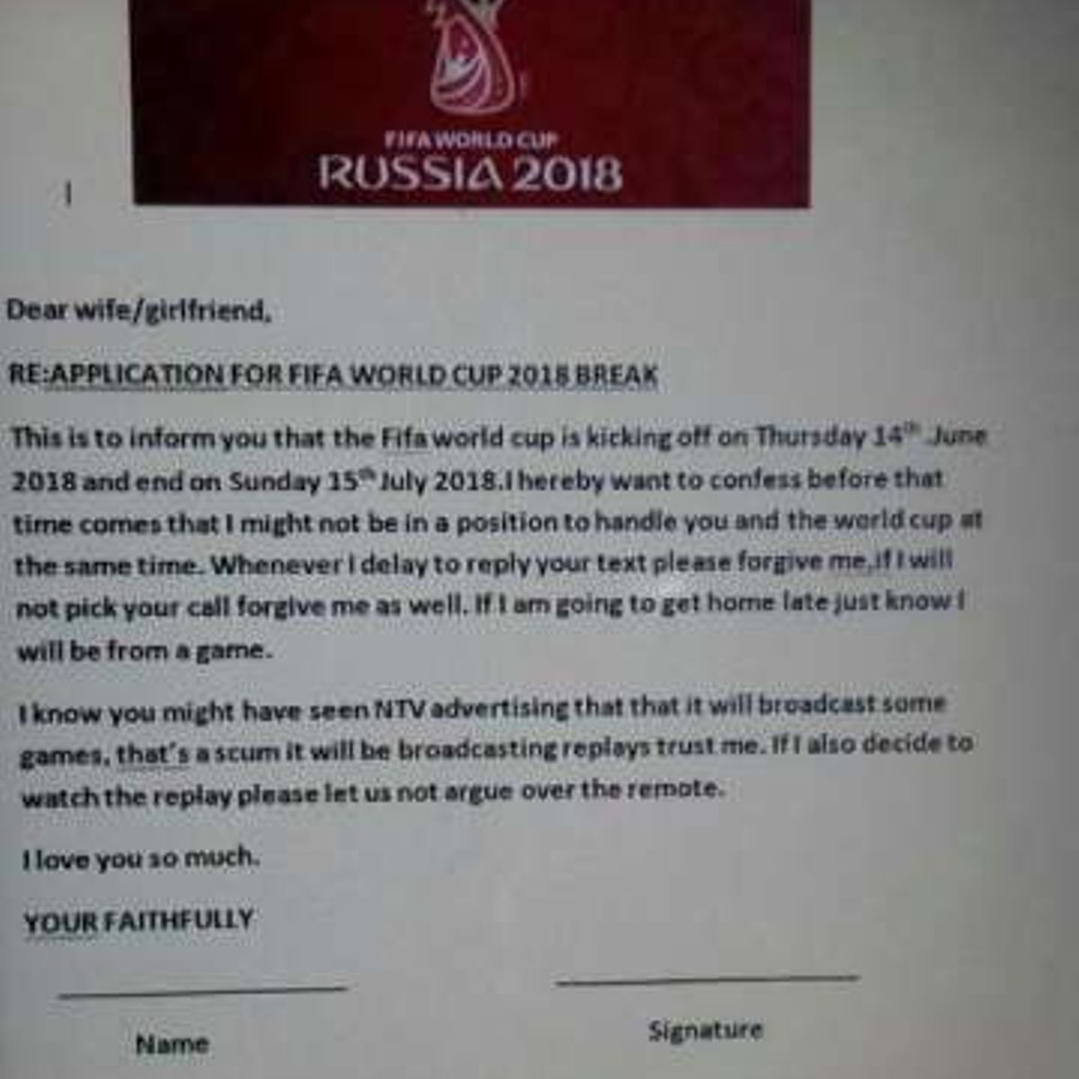 Interesting letter on FIFA World Cup goes viral in Kenya